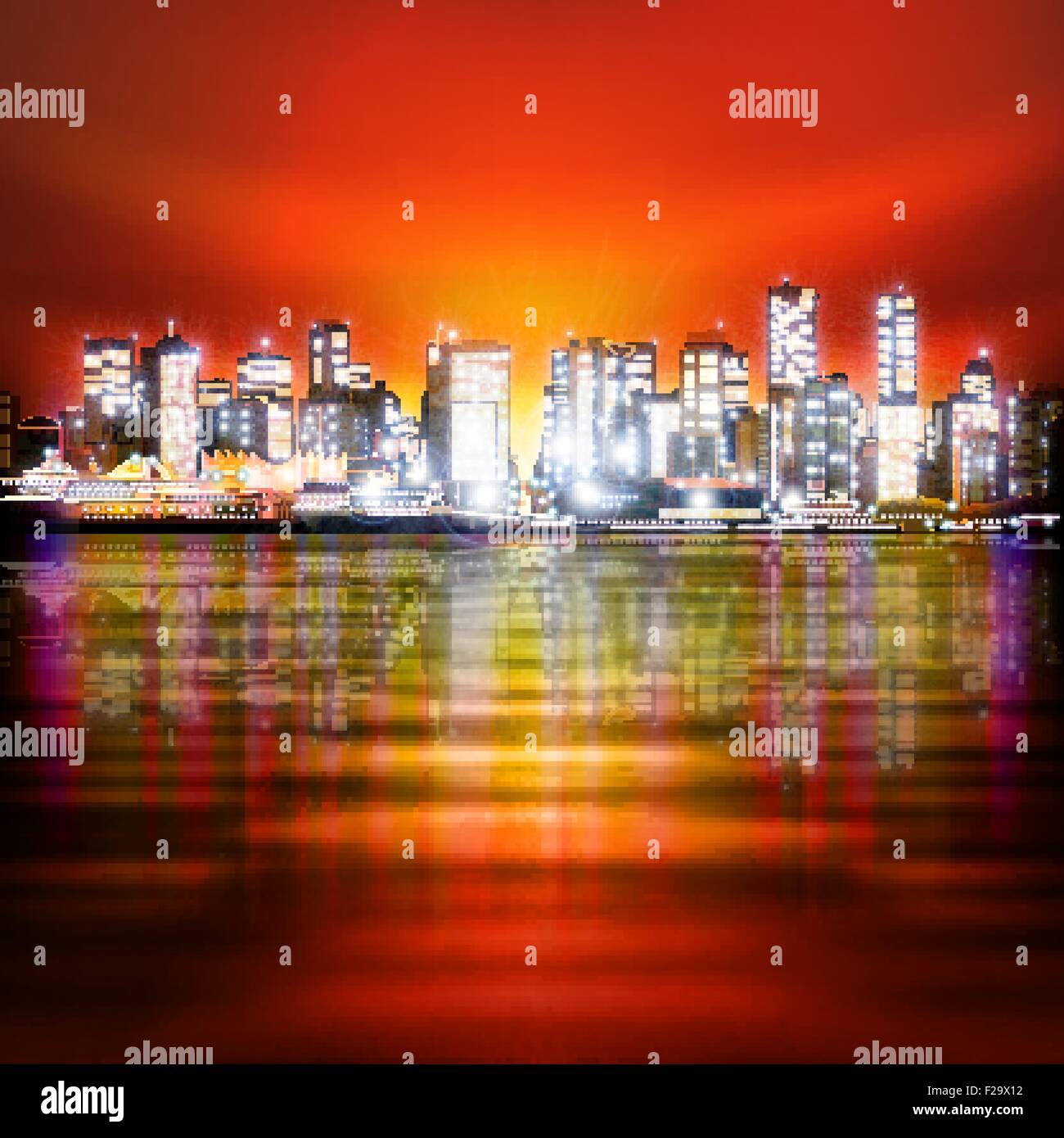 abstract red sky background with panorama of illuminated city by night ...