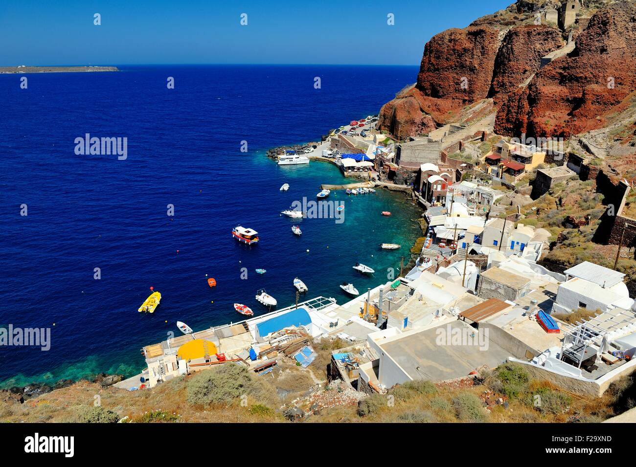 A view looking down to Amoudi bay on the island of Santorini Greece ...