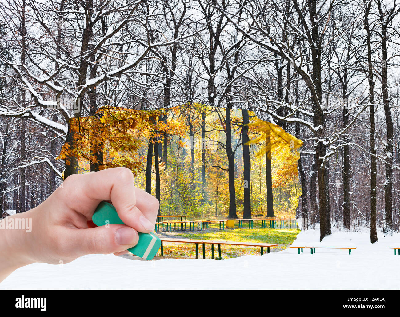 nature concept - seasons and weather changing: hand with eraser erases ...