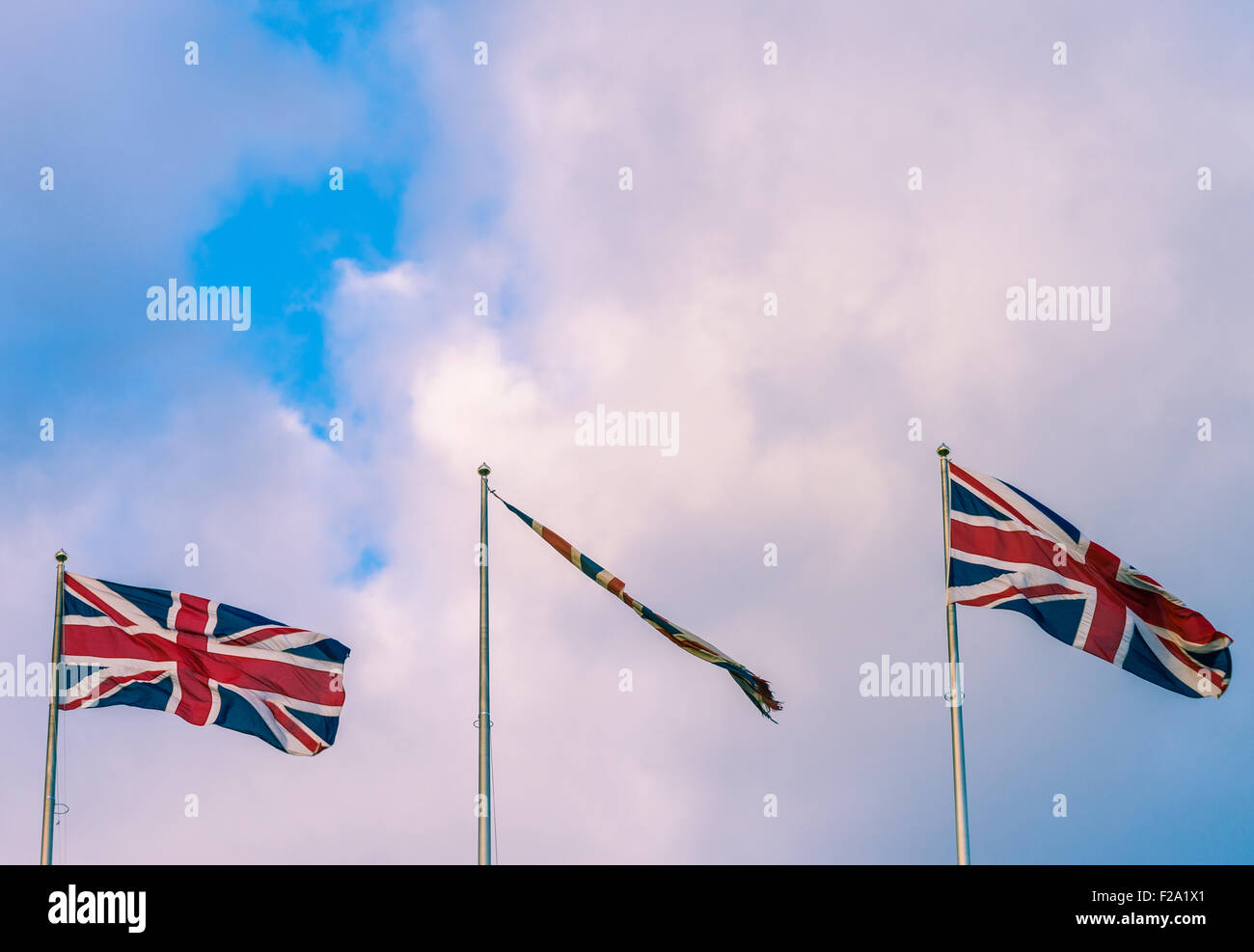 Three Union Jack flags flying in Trafalgar Square, London Stock Photo ...