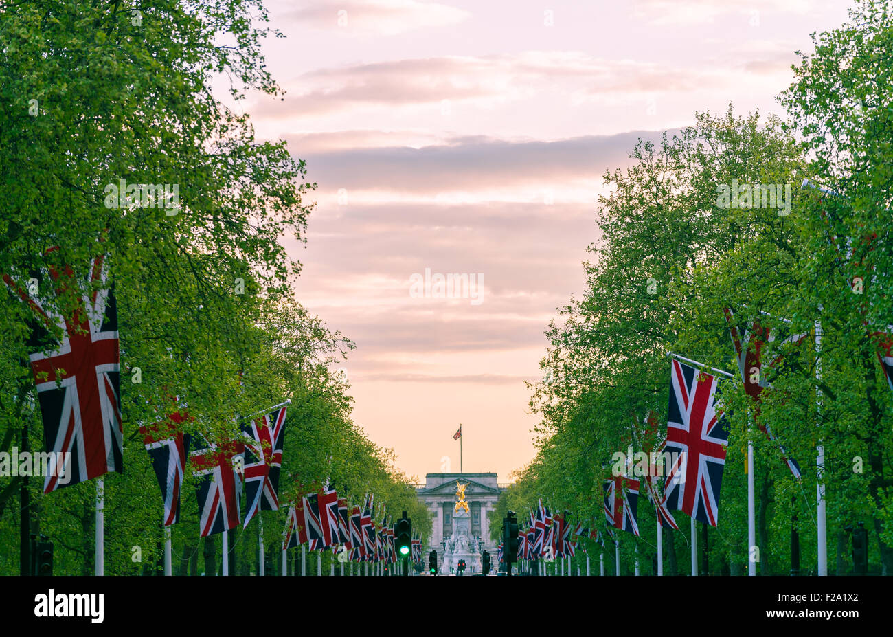 Lines of union jack flags hanging along the Mall, London Stock Photo ...
