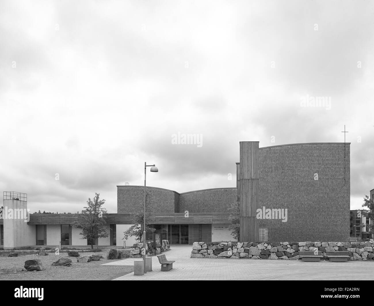 Front elevation of church with landscaped square. Viiki Church, Viikin ...
