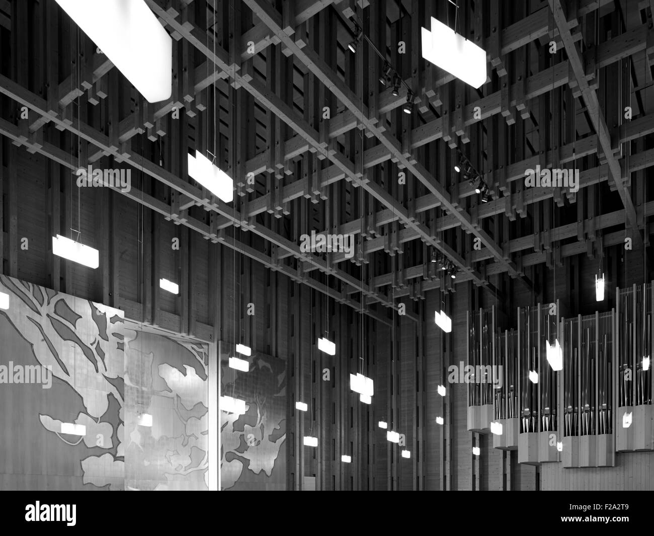 View from below towards timber ceiling structure. Viiki Church, Viikin ...
