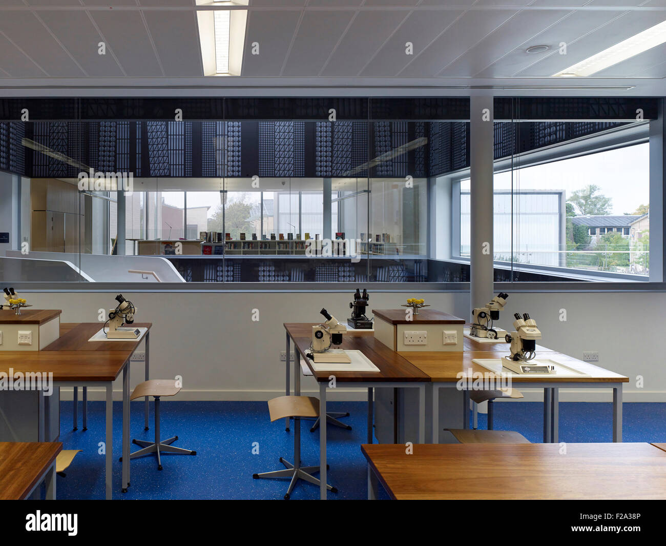 School laboratory with window wall and view through. Uppingham School ...