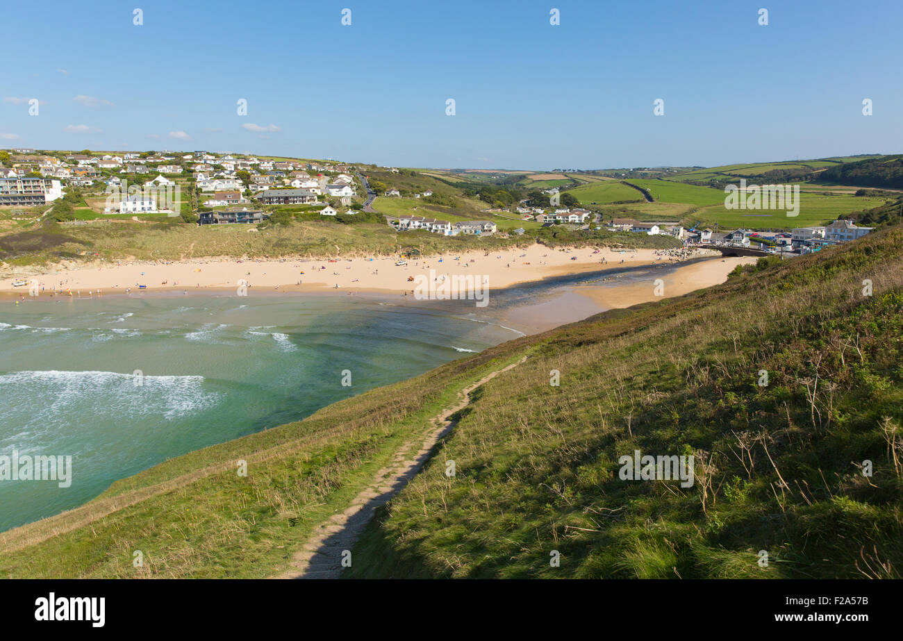 South west coast path Mawgan Porth beach north Cornwall Atlantic coast ...