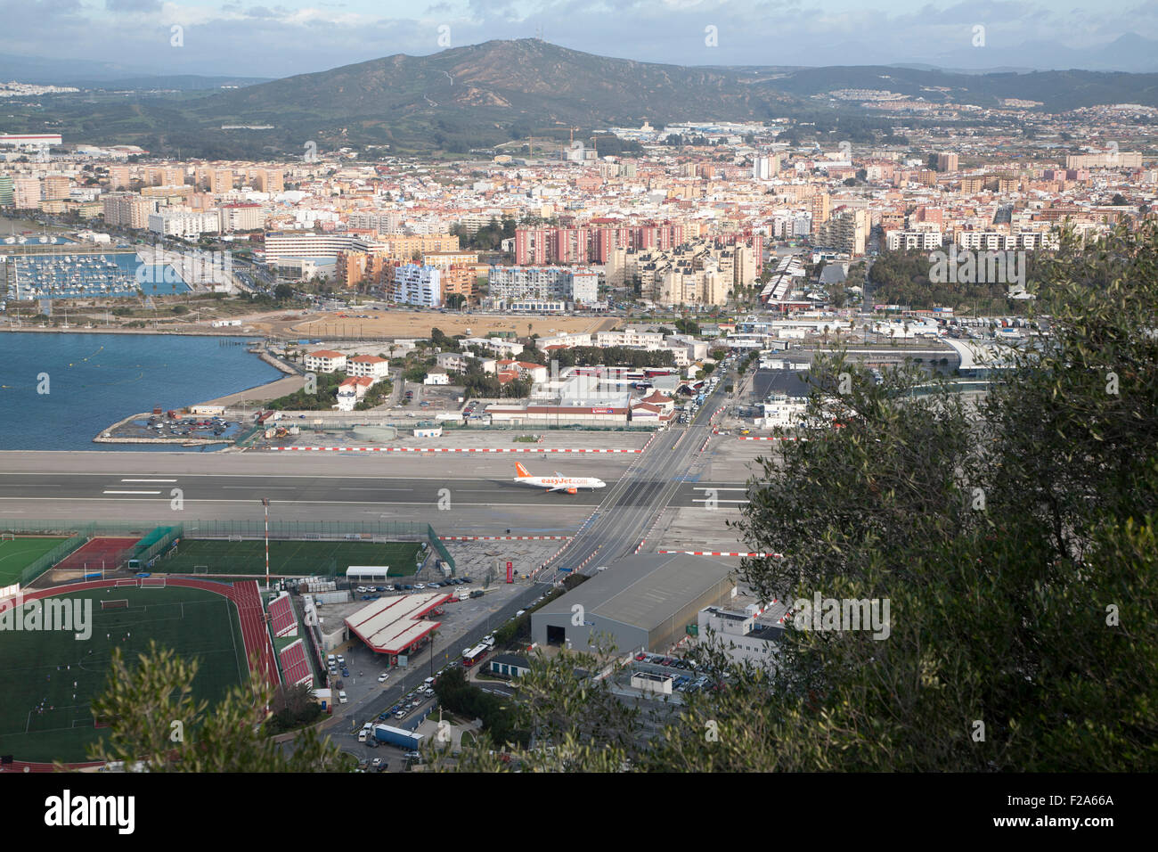 View over airport runway to Spanish town of La Linea from Gibraltar ...