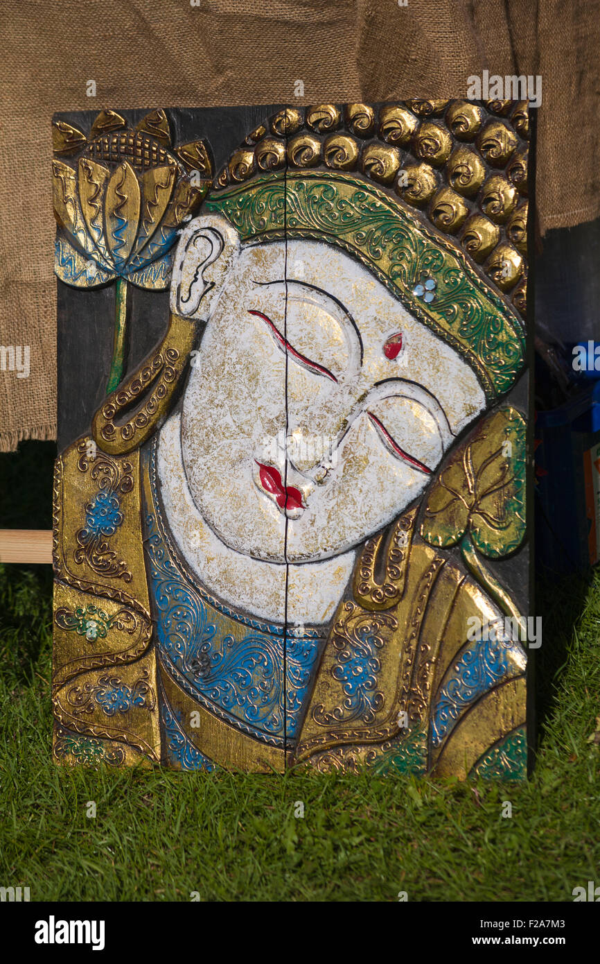 Buddha carvings for sale on stall at Poole Thai Festival, Dorset, UK in ...