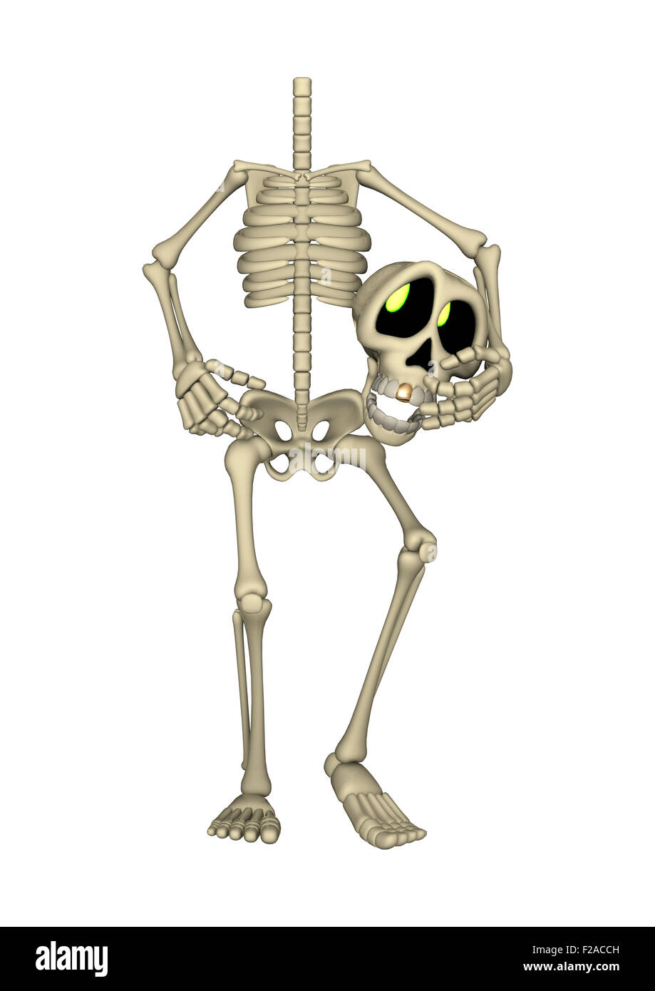 3D digital render of a cartoon human skeleton holding his head isolated ...