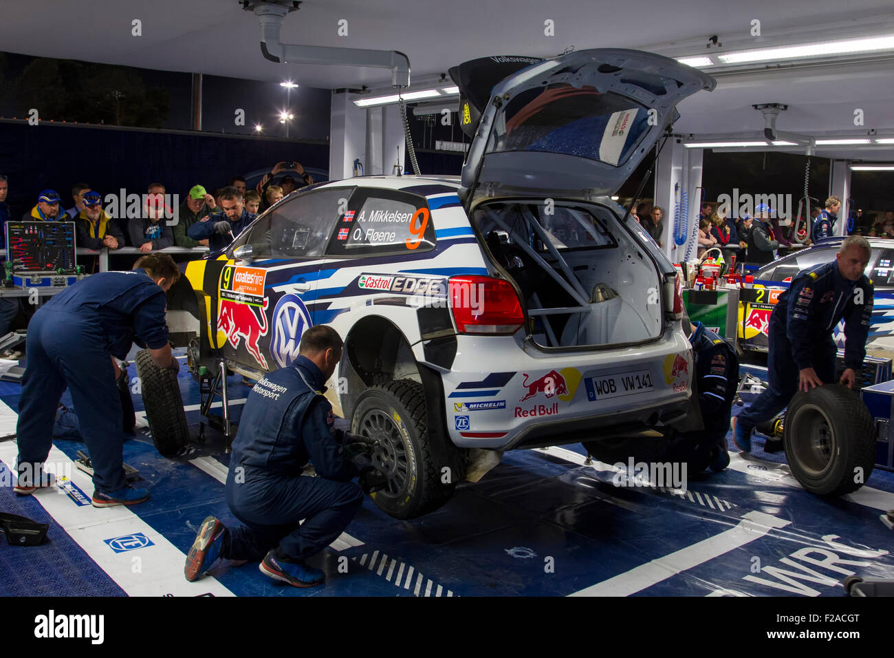 Mechanics work to repair Andreas Mikkelsen's WRC car during Saturday ...