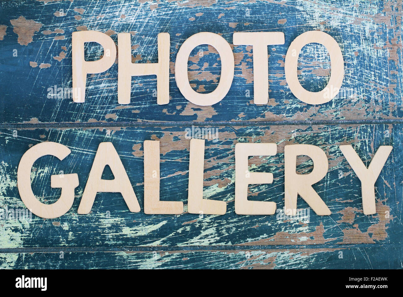 Photo gallery written on rustic wooden surface Stock Photo - Alamy