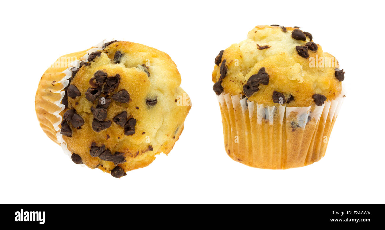 Two small freshly baked bite size chocolate chip muffins isolated on a ...