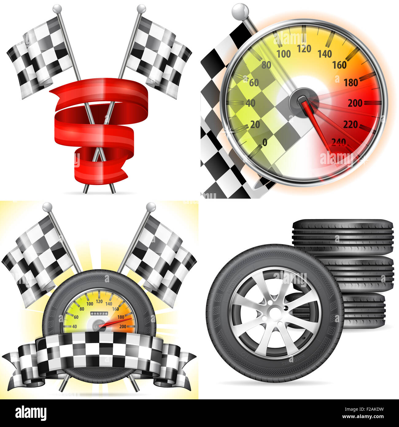 4 Racing Concepts with Speedometer, Flags, Tires and Ribbons. Template ...