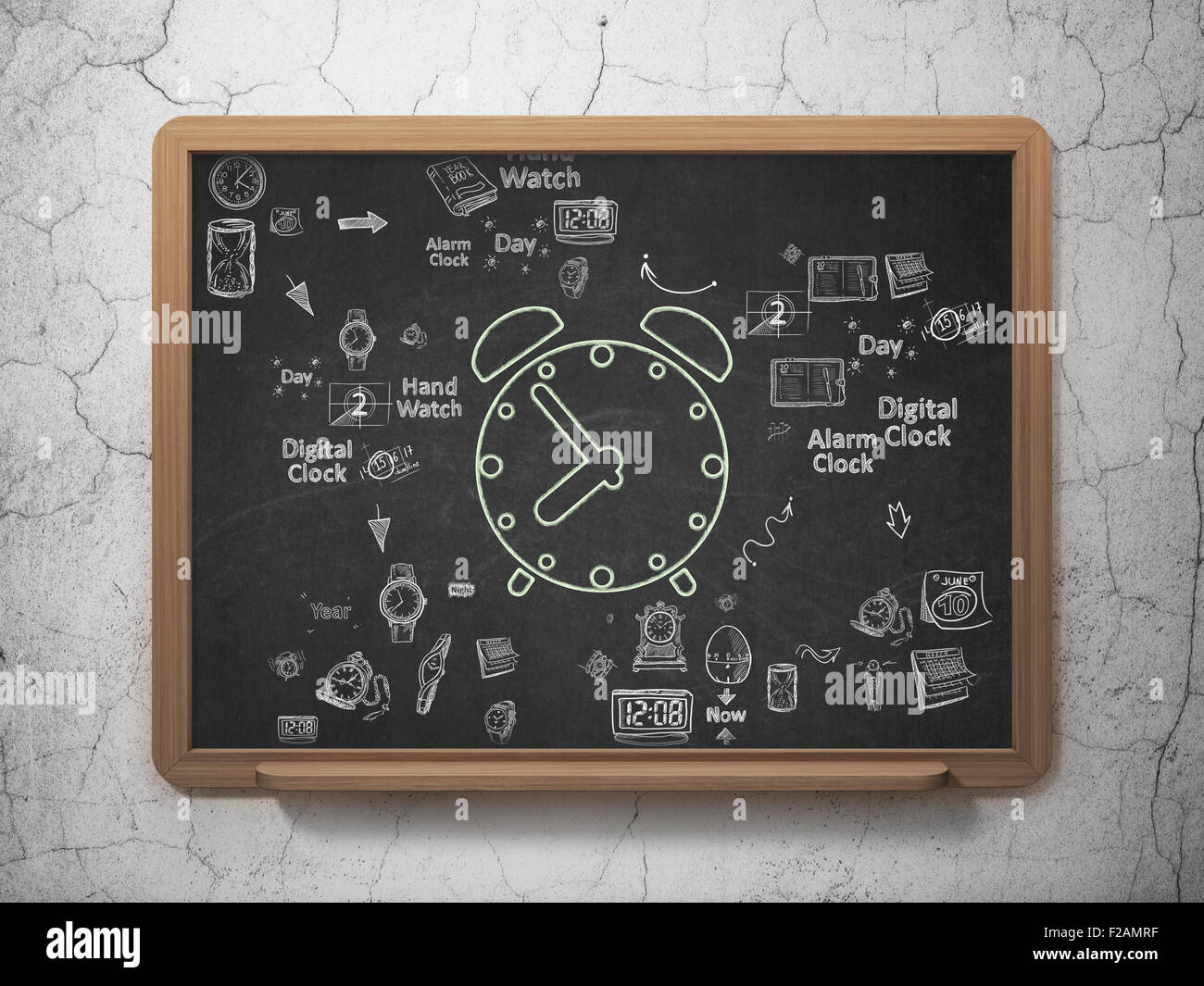 Time concept: Alarm Clock on School Board background Stock Photo - Alamy
