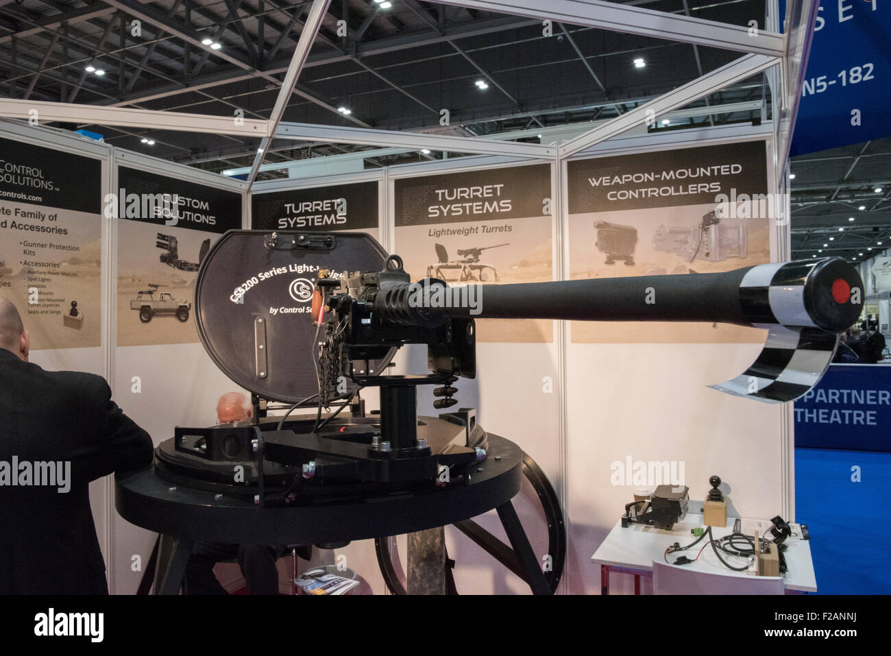 London, UK. 15th September, 2015. A large gun on display at DSEI, the ...