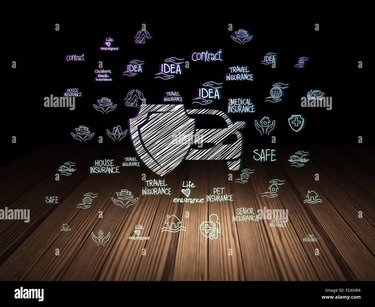 Insurance concept: Car And Shield in grunge dark room Stock Photo - Alamy