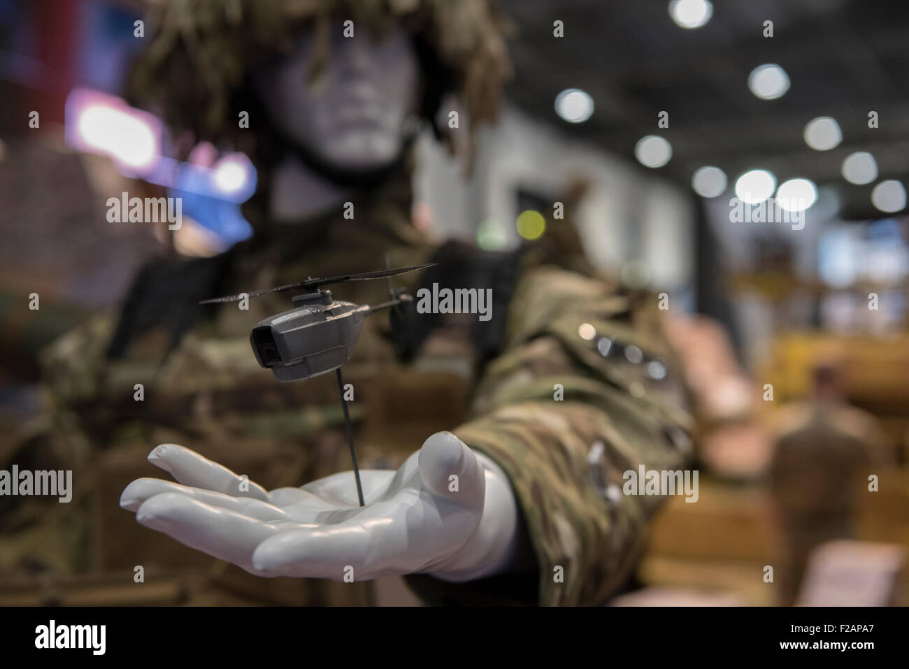 London, UK. 15th September, 2015. A miniature UAV (Drone) on display at ...