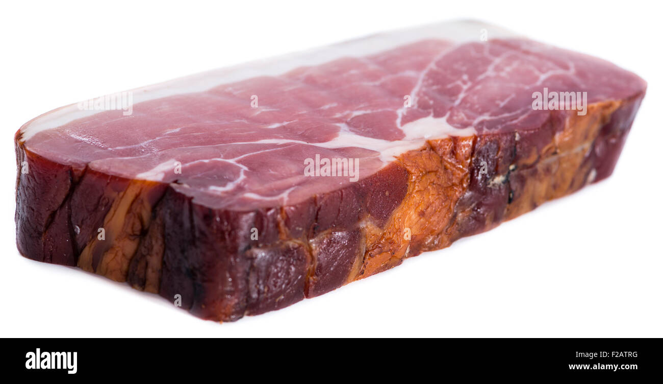Smoked Ham (close-up shot) isolated on pure white background Stock ...