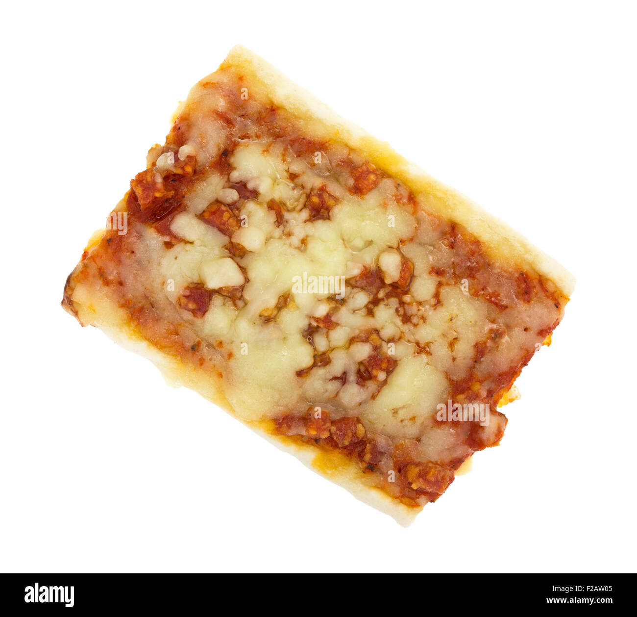 Top view of a rectangular slice of chopped pepperoni and mozzarella ...