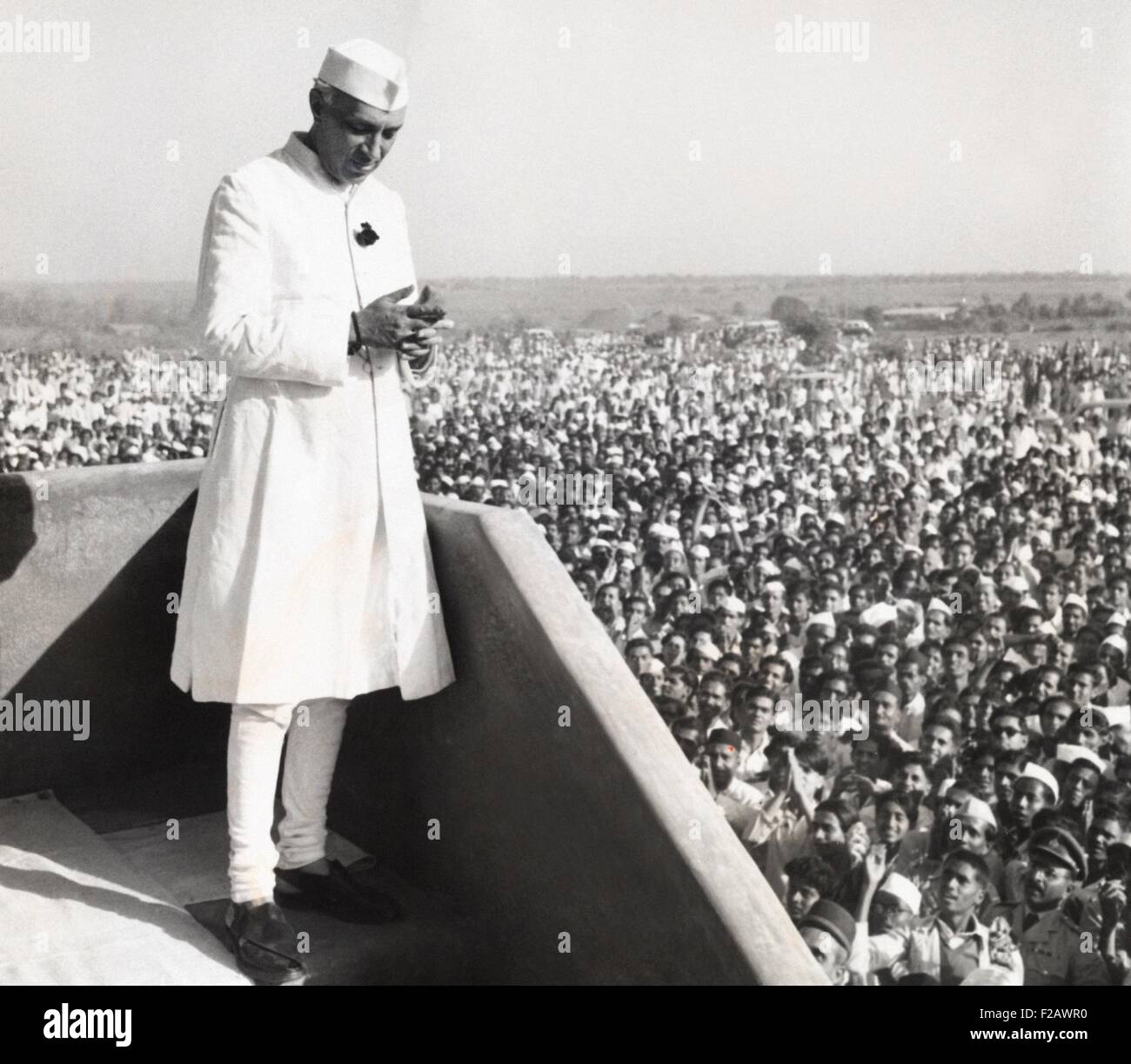 Jawaharlal Nehru, Prime Minister of India, addressing a crowd at ...