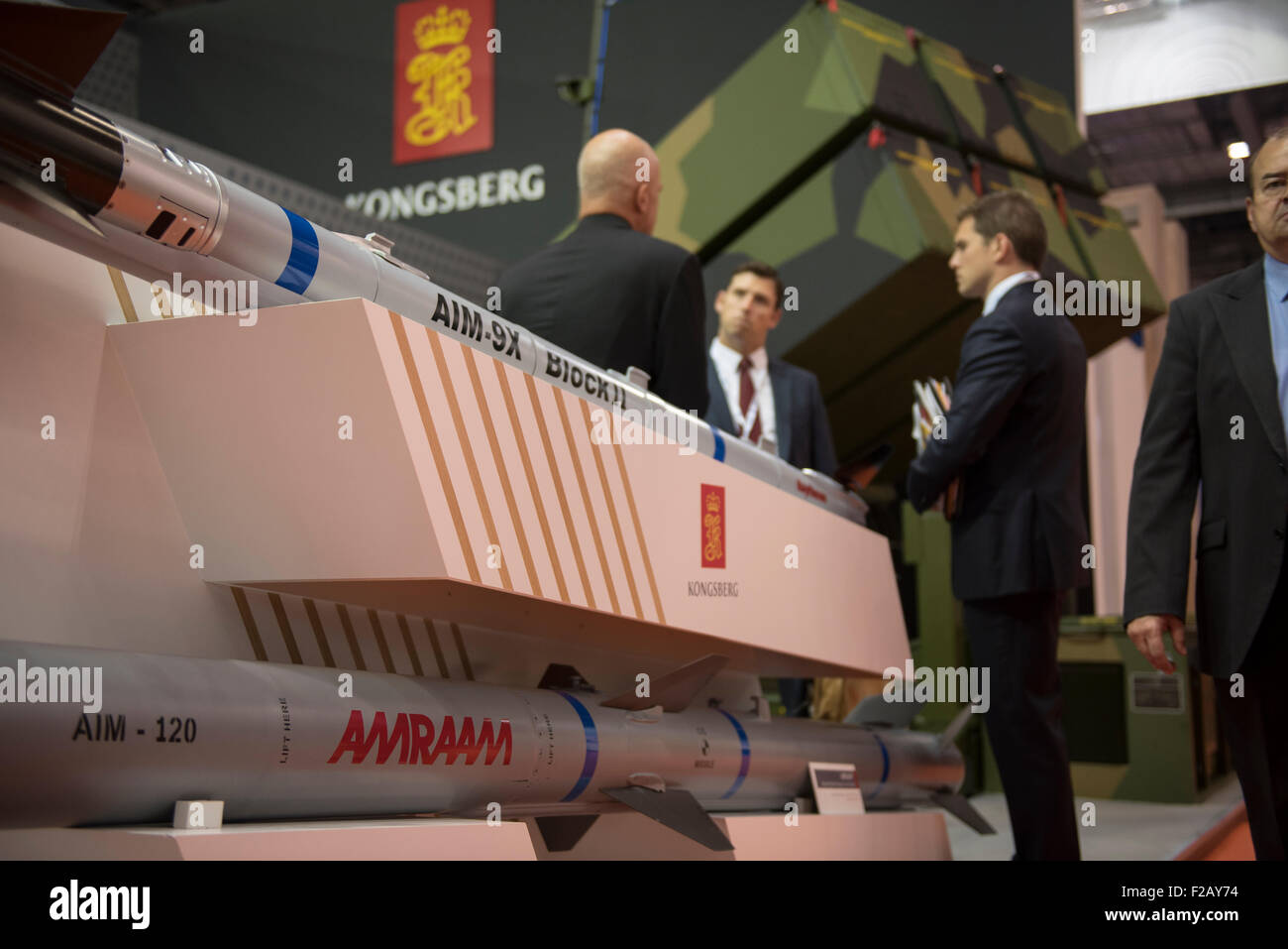 London, UK. 15th September, 2015. Missiles on display at DSEI, the ...