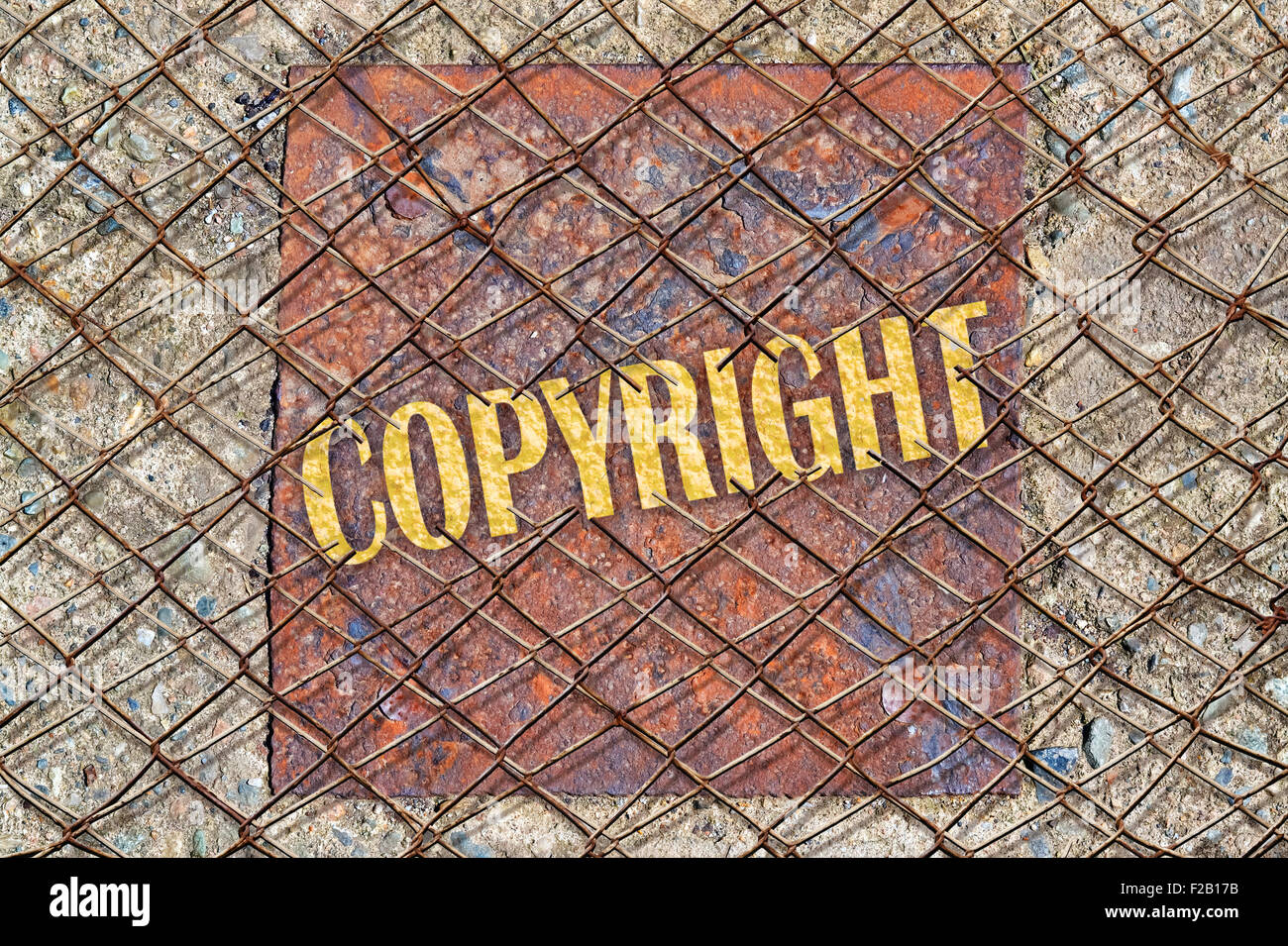 Word Copyright written in golden color under a broken wire fence Stock ...