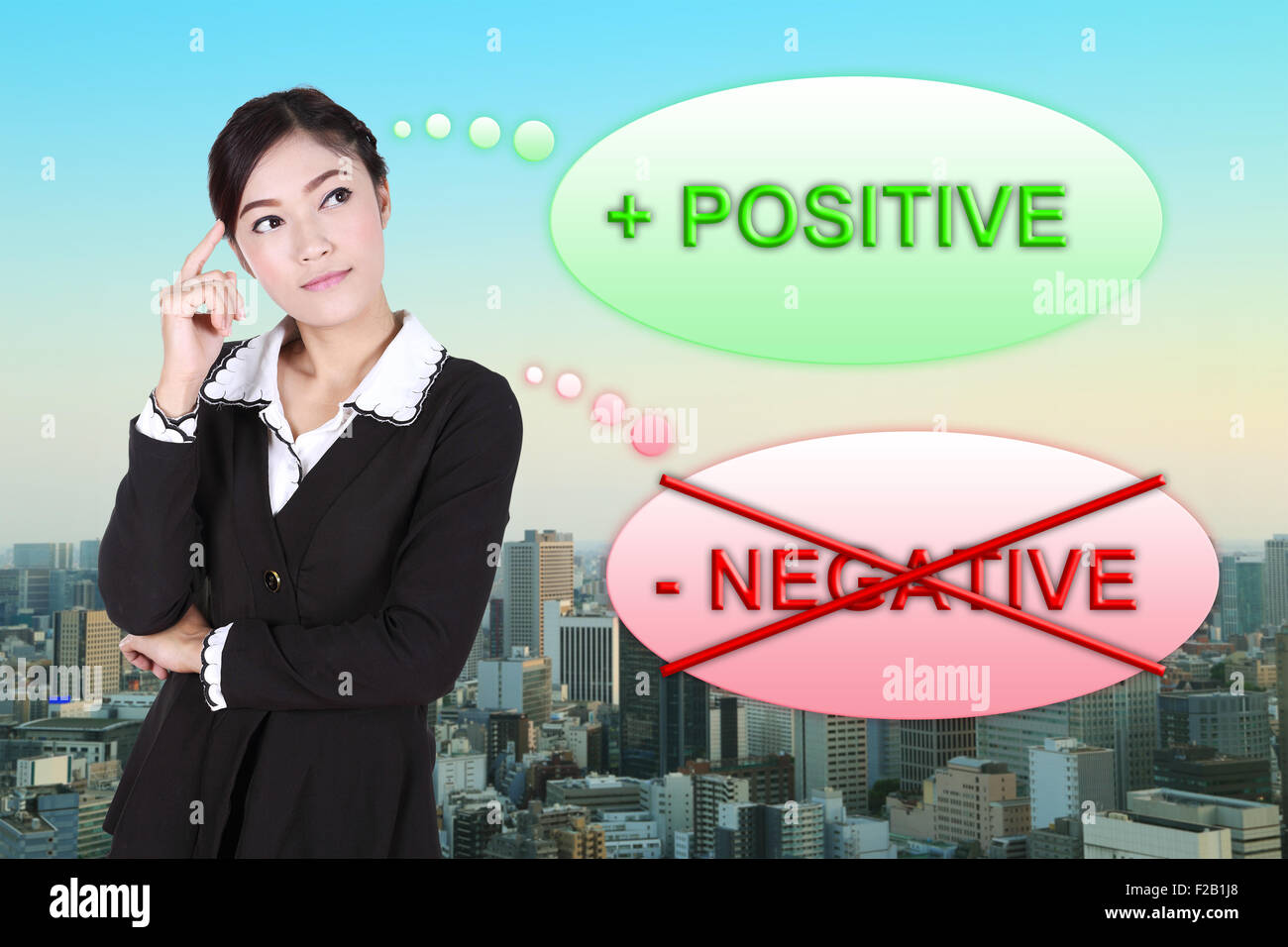 Business woman thinking about positive with city background Stock Photo ...