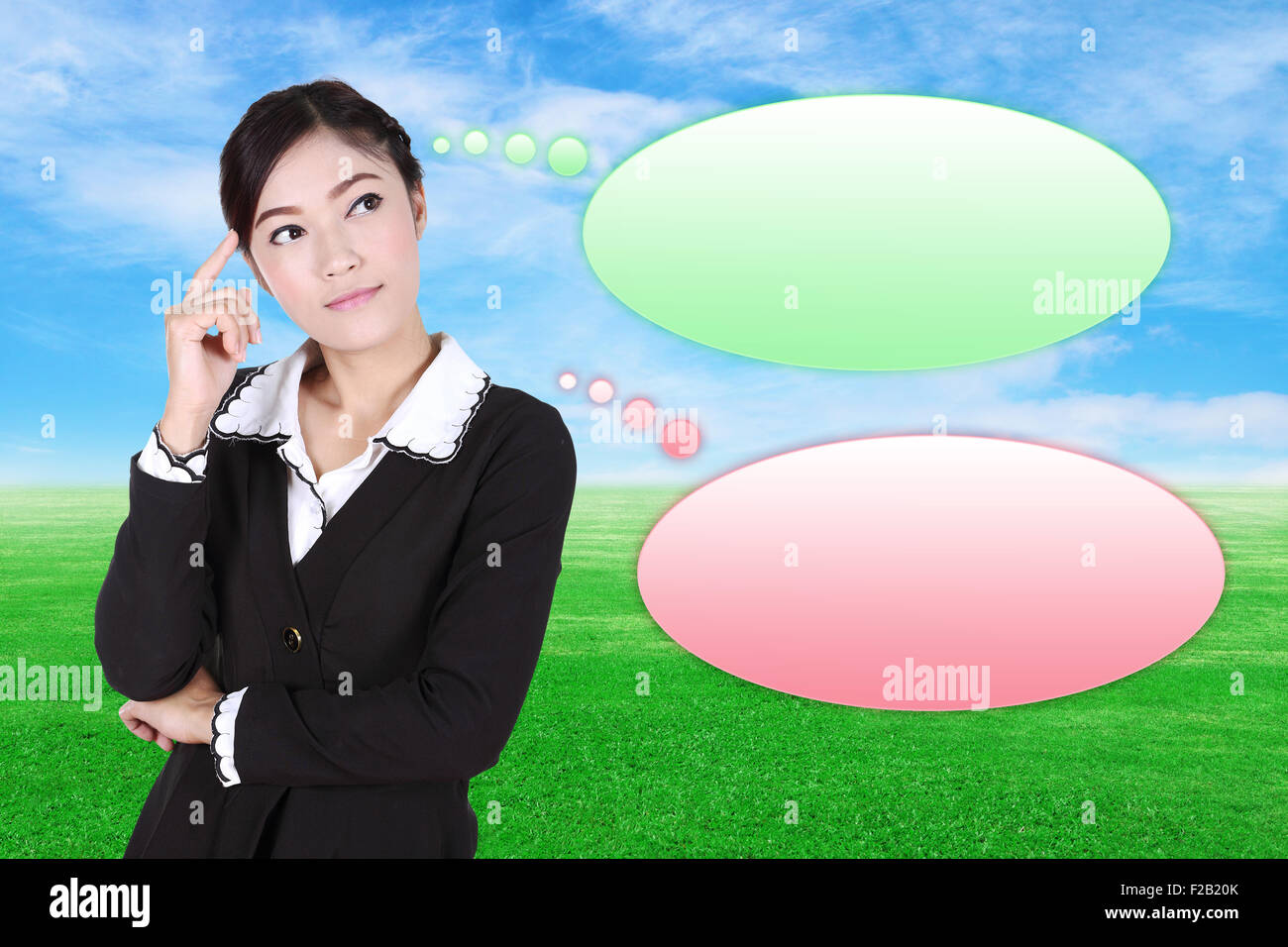 Thinking business woman with many ideas in empty bubble with green ...