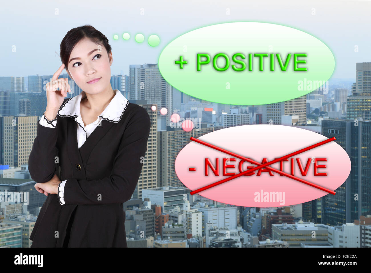Business woman thinking about positive with city background Stock Photo ...
