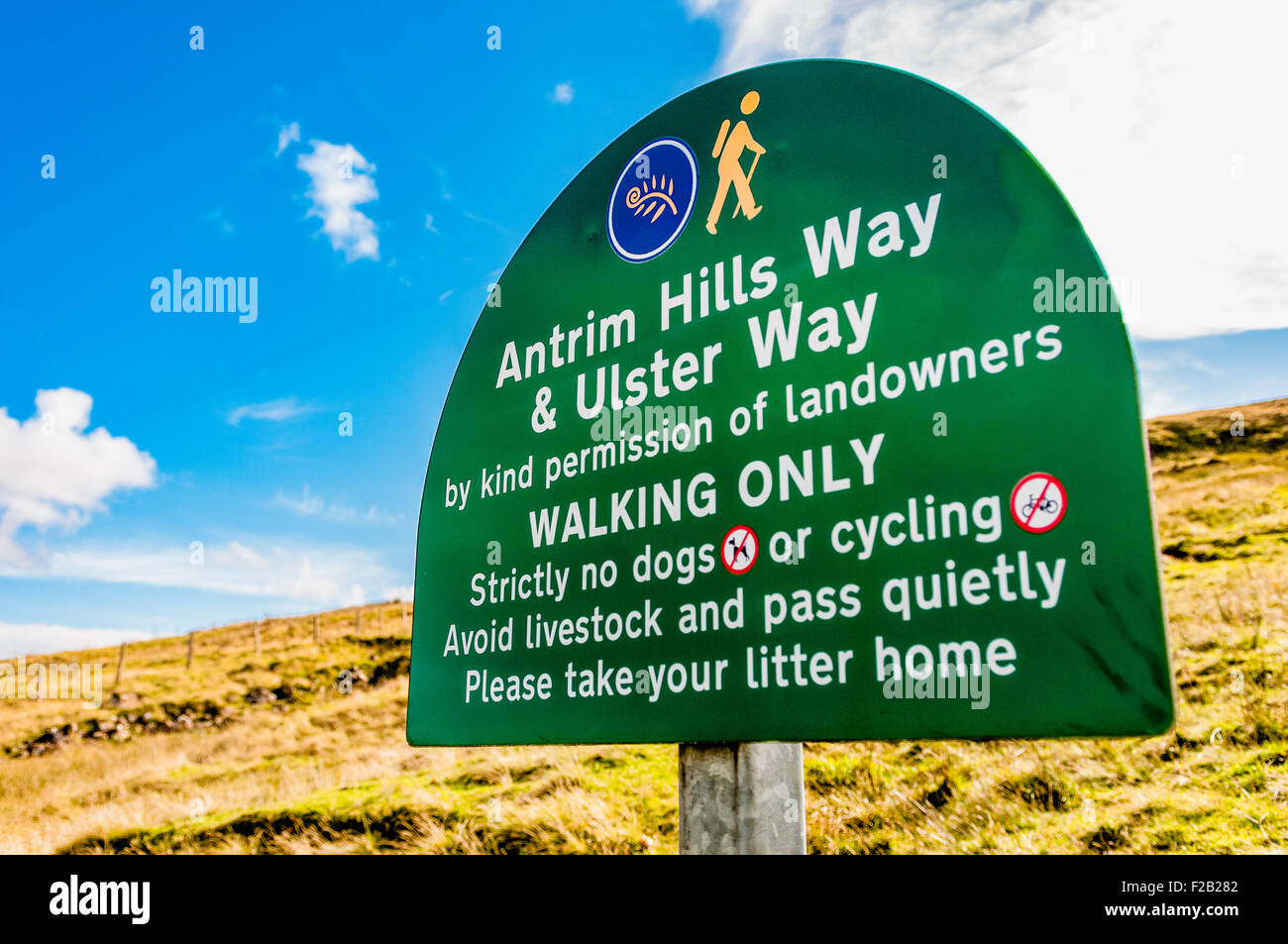 Sign at the Antrim Hills Way and Ulster Way walking route, County ...