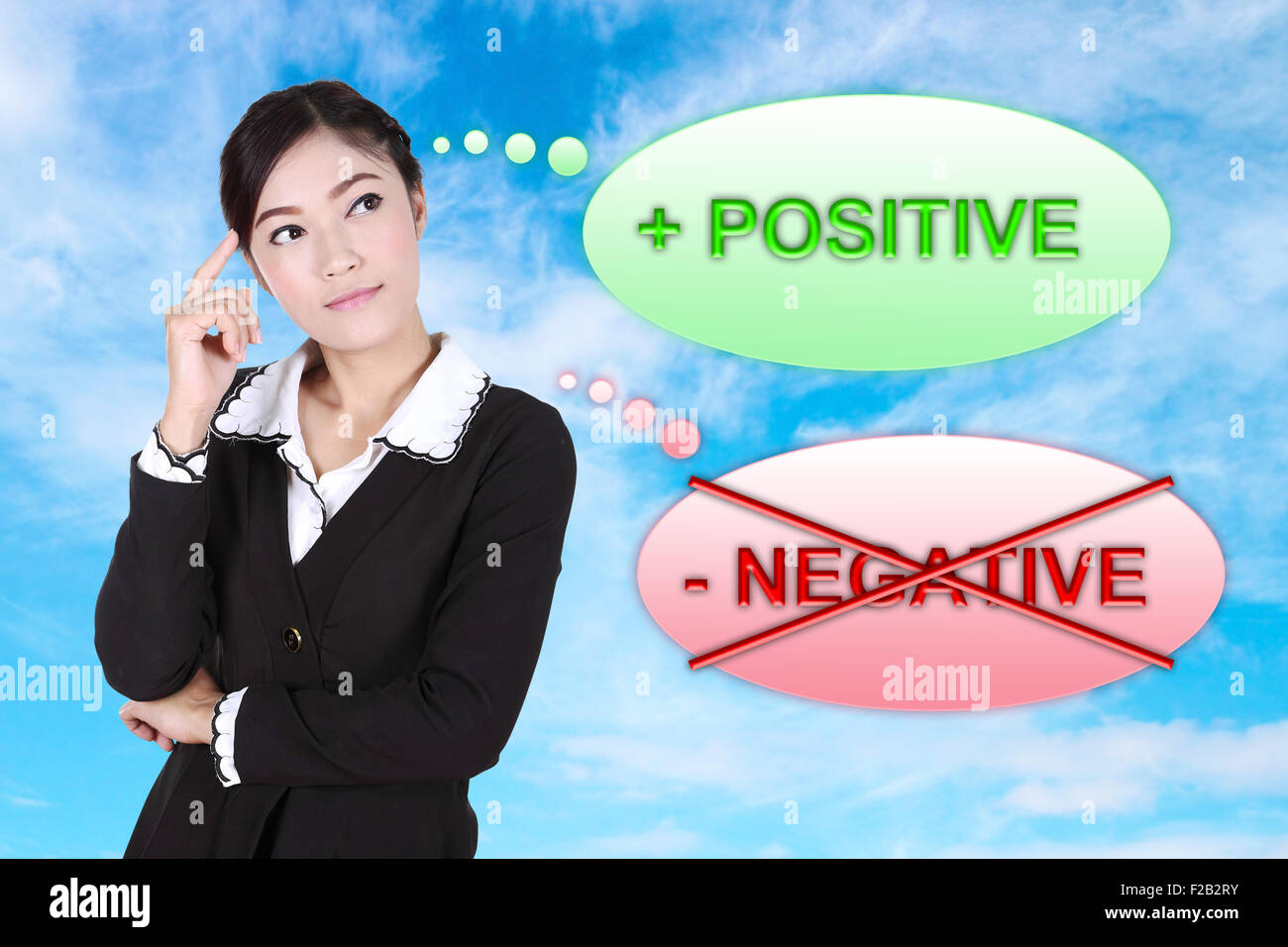 Business woman thinking about positive with blue sky background Stock ...