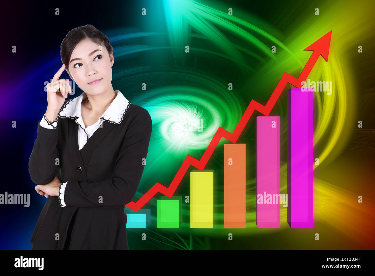 Business woman thinking with business graph on background Stock Photo ...