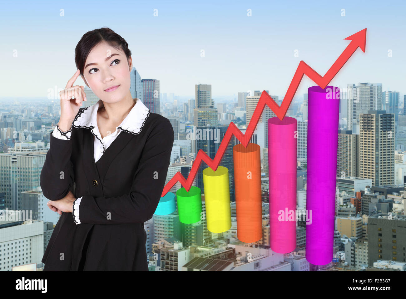 Business woman thinking with business graph with city background Stock ...