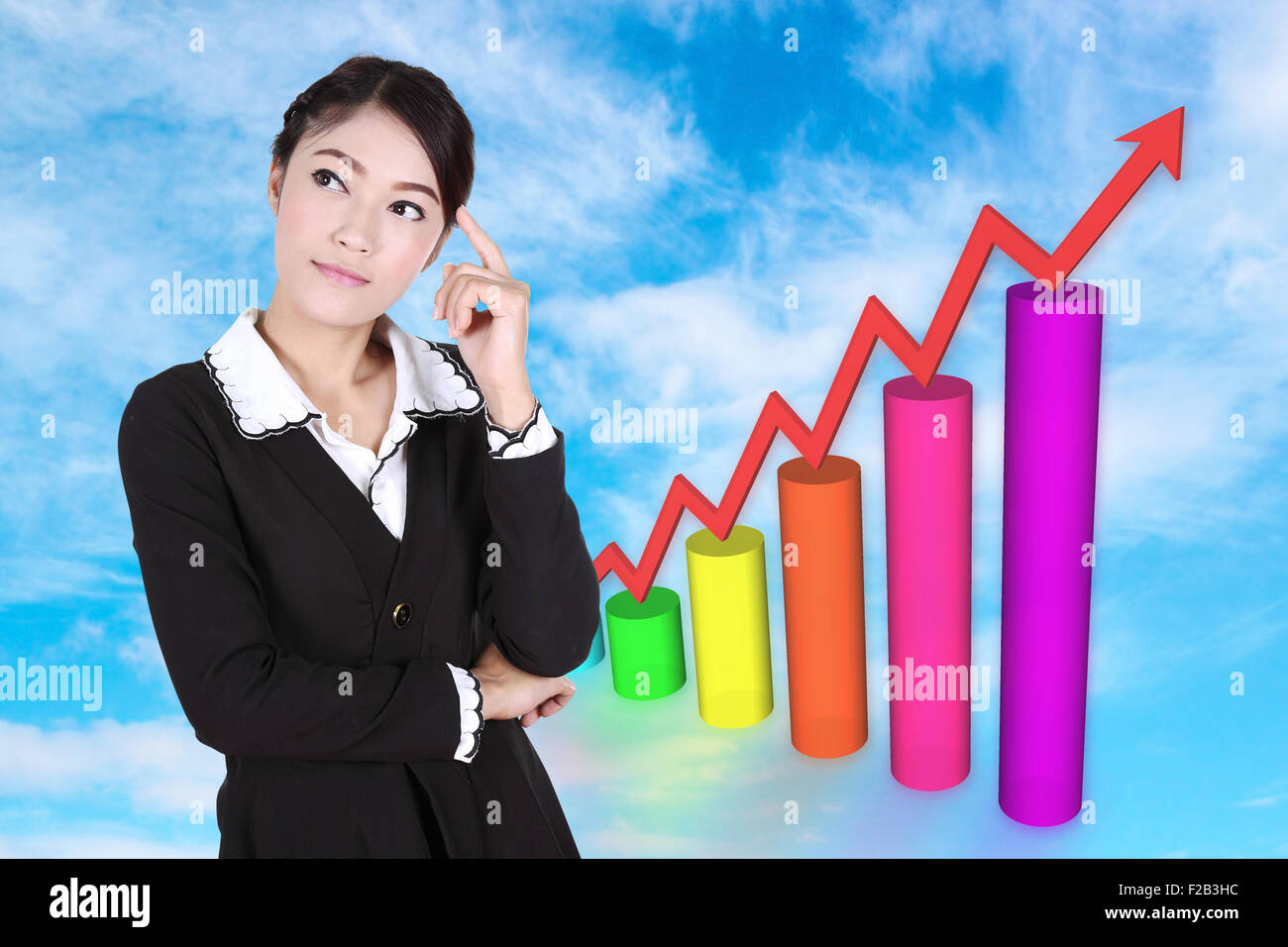Business woman thinking with business graph with blue sky background ...