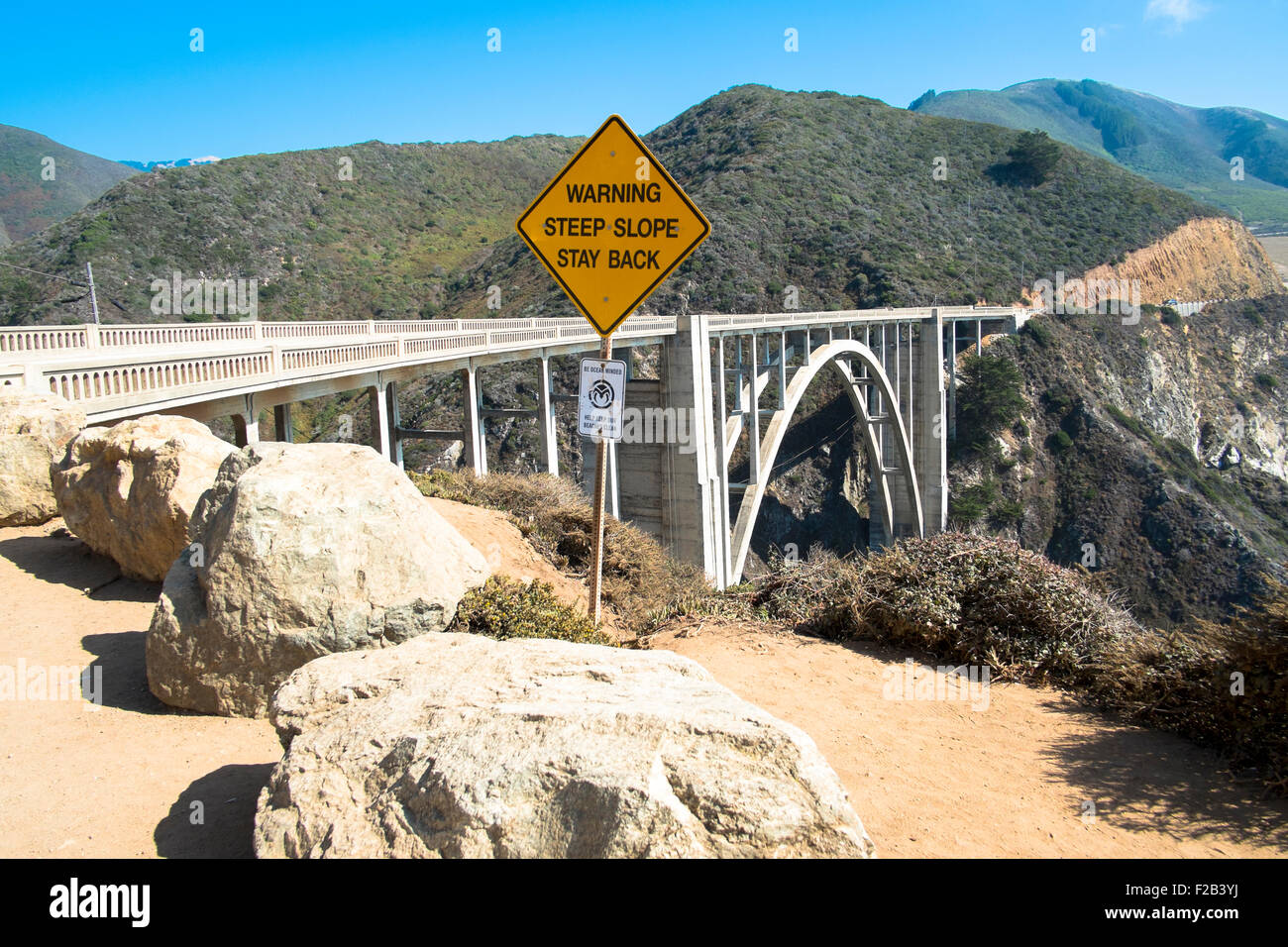 Steep Slope sign, at Bixby Bridge, Highway 1, California Stock Photo ...
