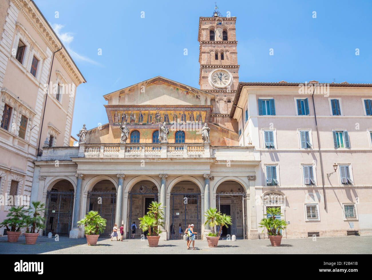 Front facade of The Basilica of Santa Maria in Trastevere, one of the oldest churches of Rome ...