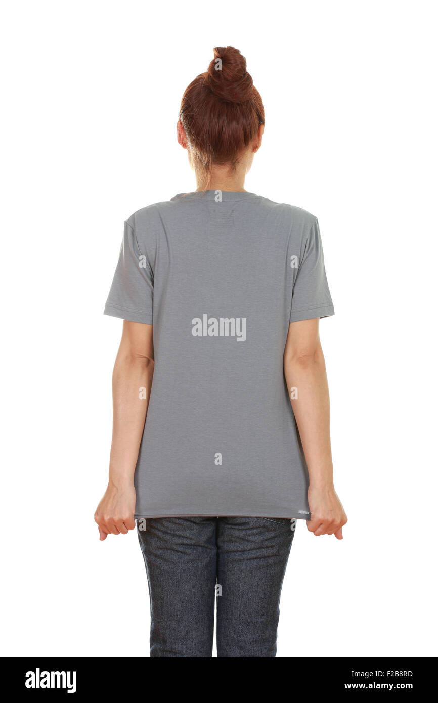 female with blank gray t-shirt (back side) isolated on white background ...