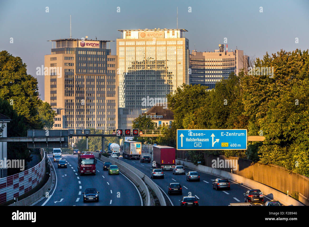 City skyline of Essen, Germany, A40 Autobahn, motorway, company ...