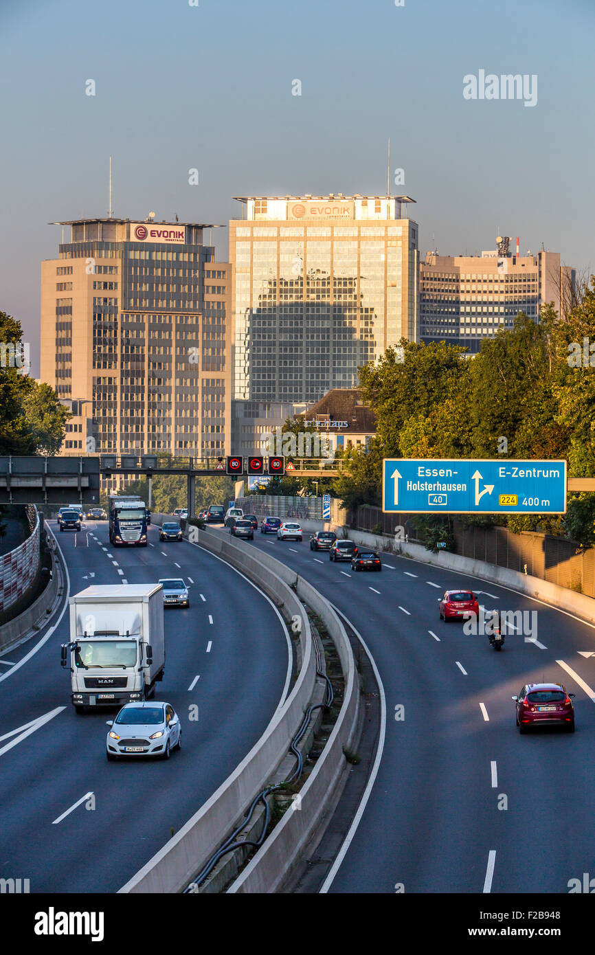 City skyline of Essen, Germany, A40 Autobahn, motorway, company ...