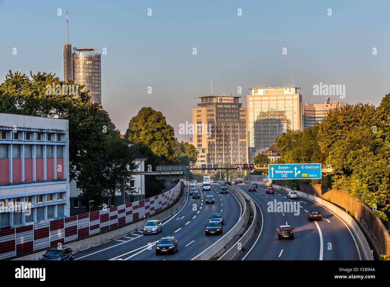 City skyline of Essen, Germany, A40 Autobahn, motorway, company ...