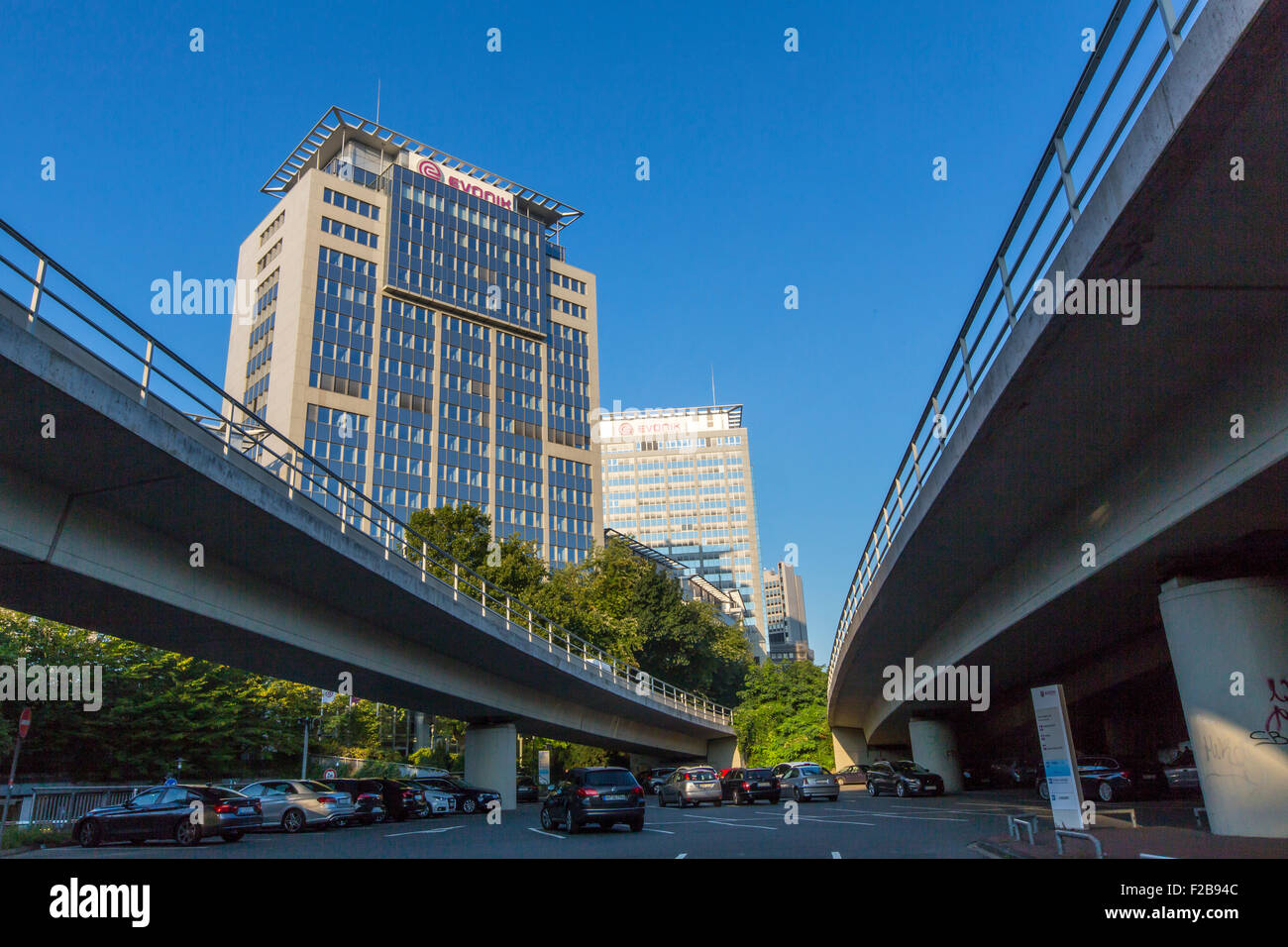 City skyline of Essen, Germany, A40 Autobahn, motorway, company ...
