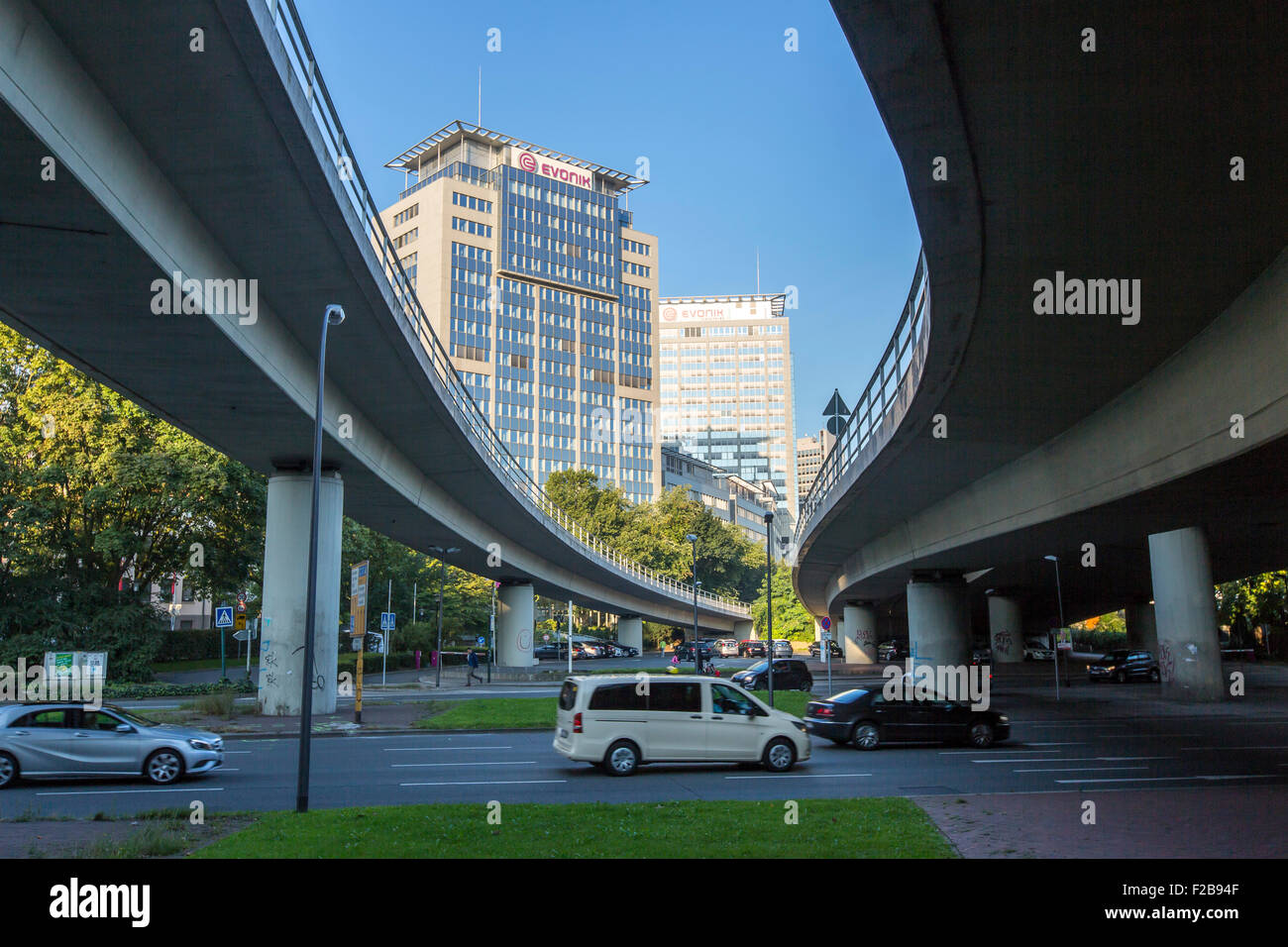 City skyline of Essen, Germany, A40 Autobahn, motorway, company ...