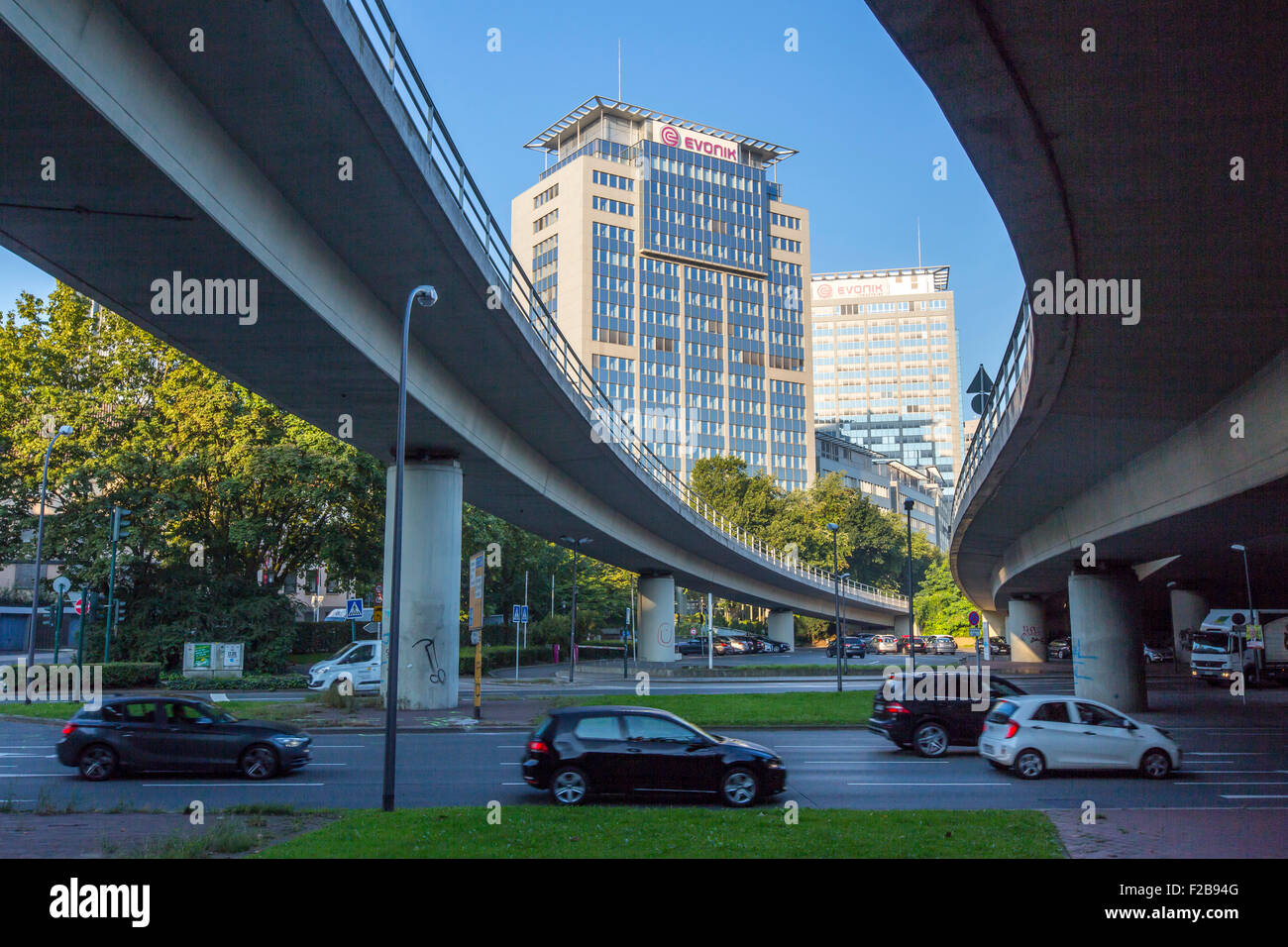 City skyline of Essen, Germany, A40 Autobahn, motorway, company ...