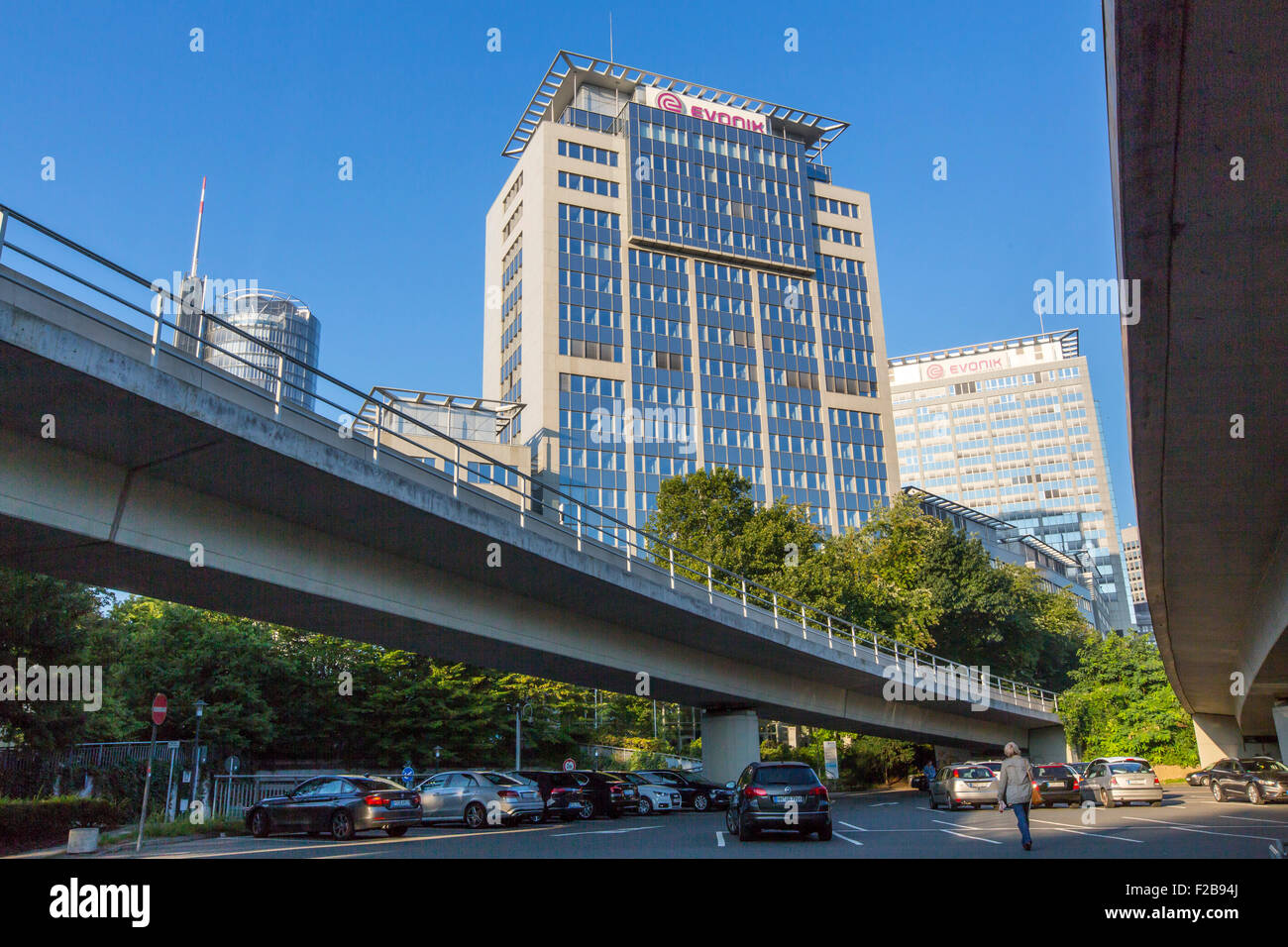 City skyline of Essen, Germany, A40 Autobahn, motorway, company ...