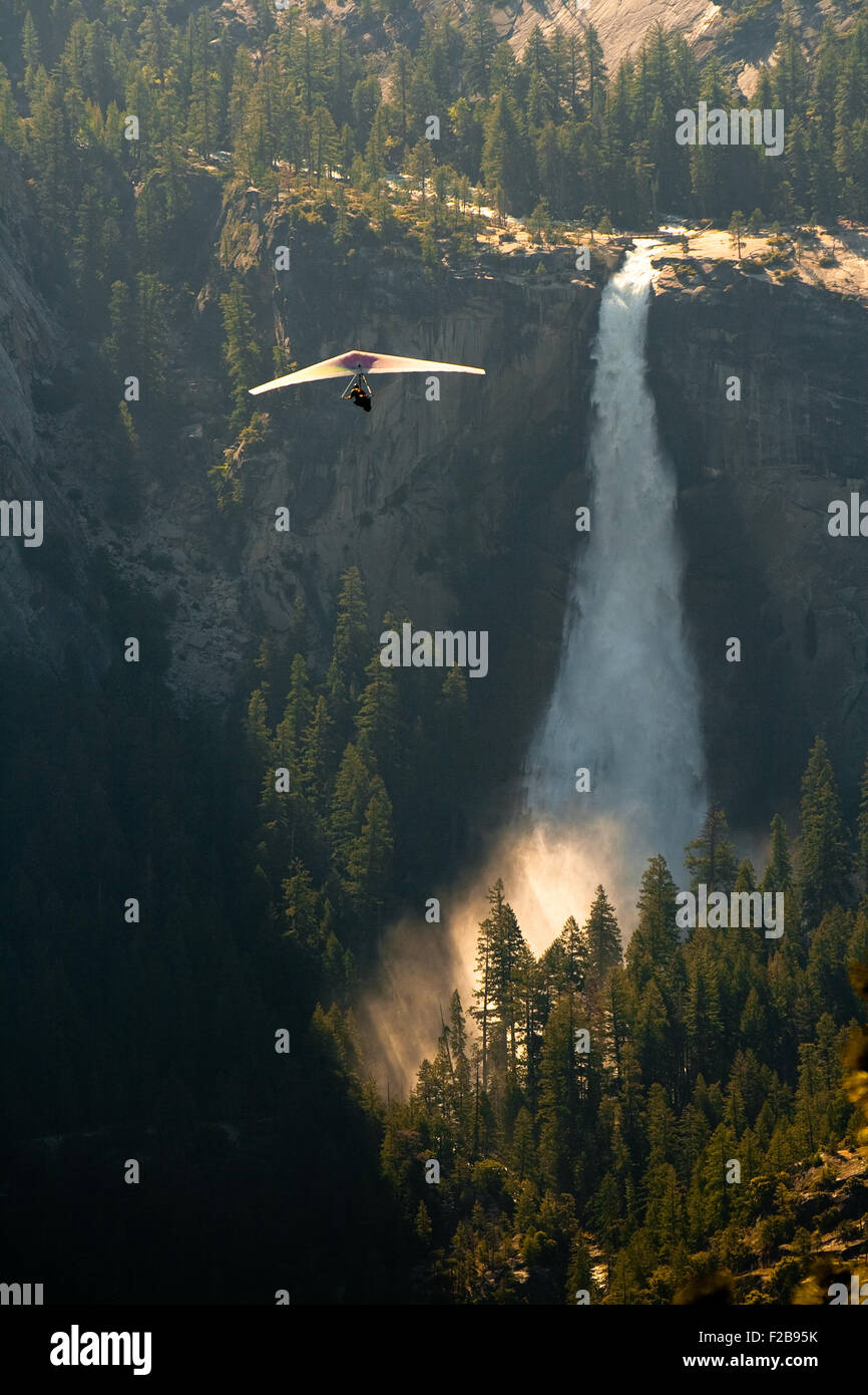 Hang glider above waterfall and forest in Yosemite National Park ...