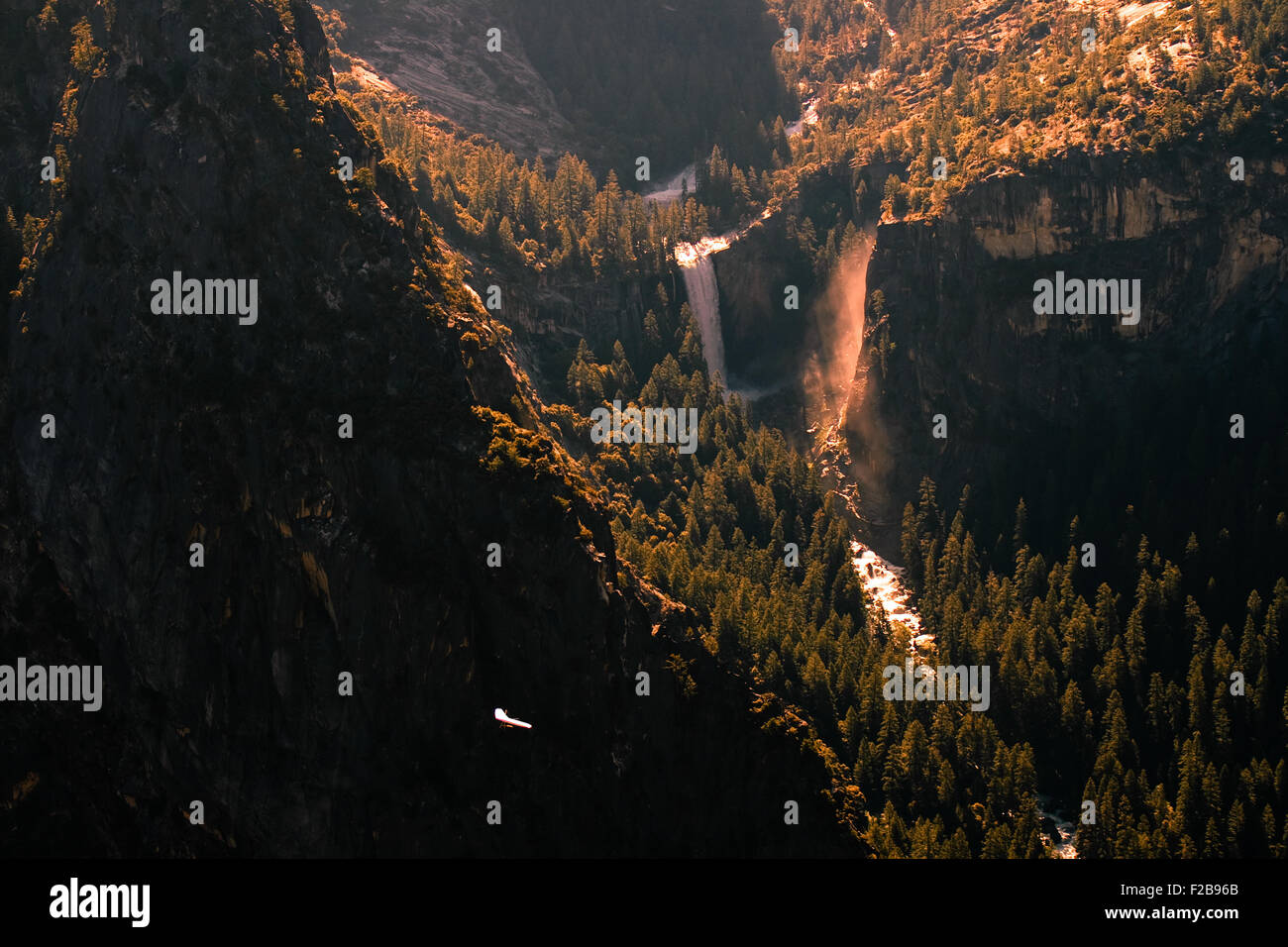 Aerial view of waterfall in a forest, Vernal Fall, Glacier Point ...