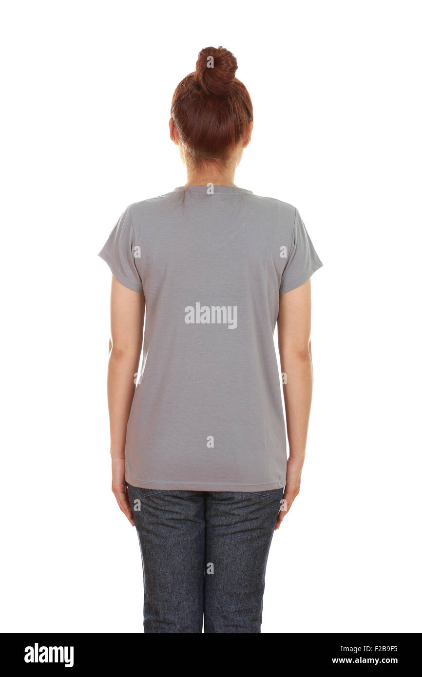 female with blank gray t-shirt (back side) isolated on white background ...