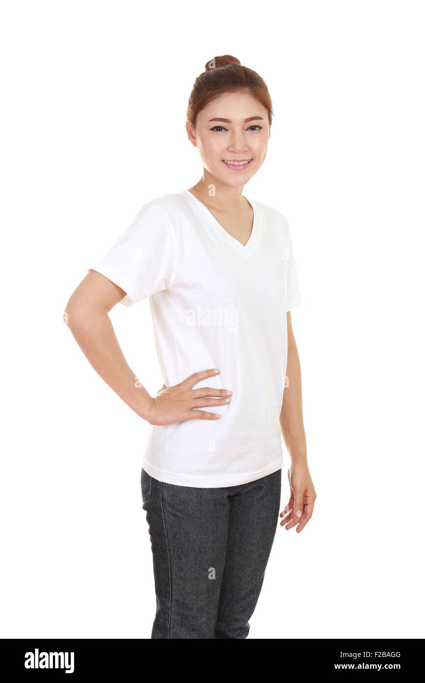 young beautiful female with t-shirt (side view) isolated on white ...