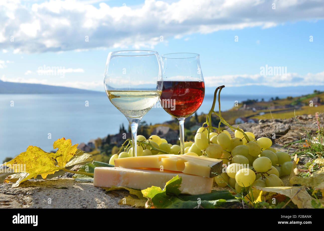 Wine, cheese and grapes on the terrace of vineyard in Lavaux region ...