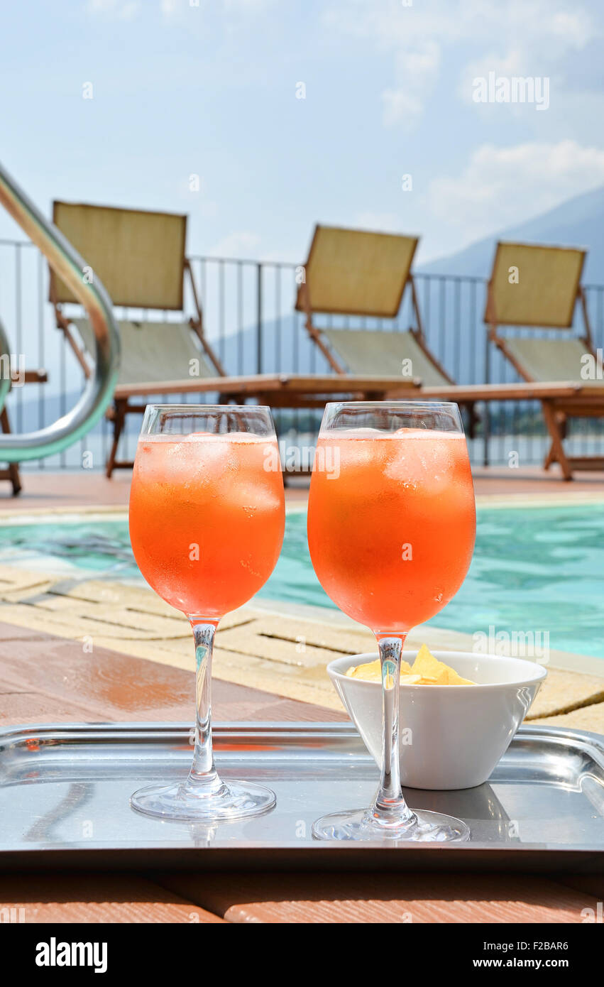 Traditional Italian Spritz cocktail against lake Como, Italy Stock ...