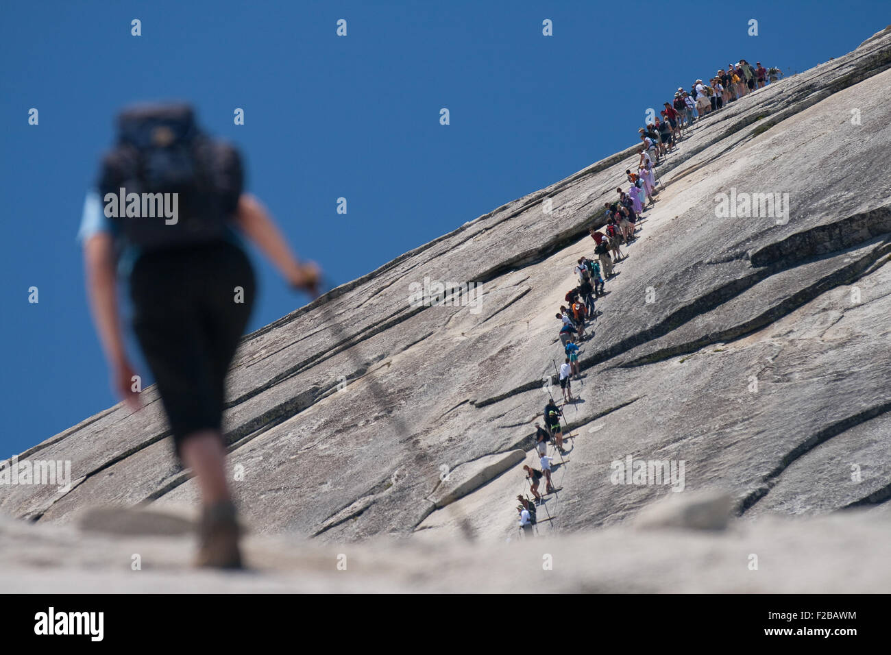 Hiker climbing on a rock, Half Dome, Yosemite Valley, Yosemite National Park, California, USA ...